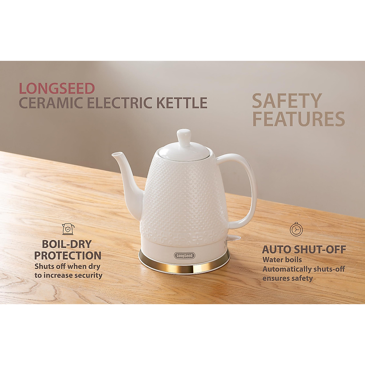 LONGSEED Ceramic Electric Kettle with Fine Mesh Infuser, 1.2L/1000W Boil Water Quickly and Easily with Boil-Dry Protection Auto Shut Off, Detachable Swivel Base, Glazed Relief Carving
