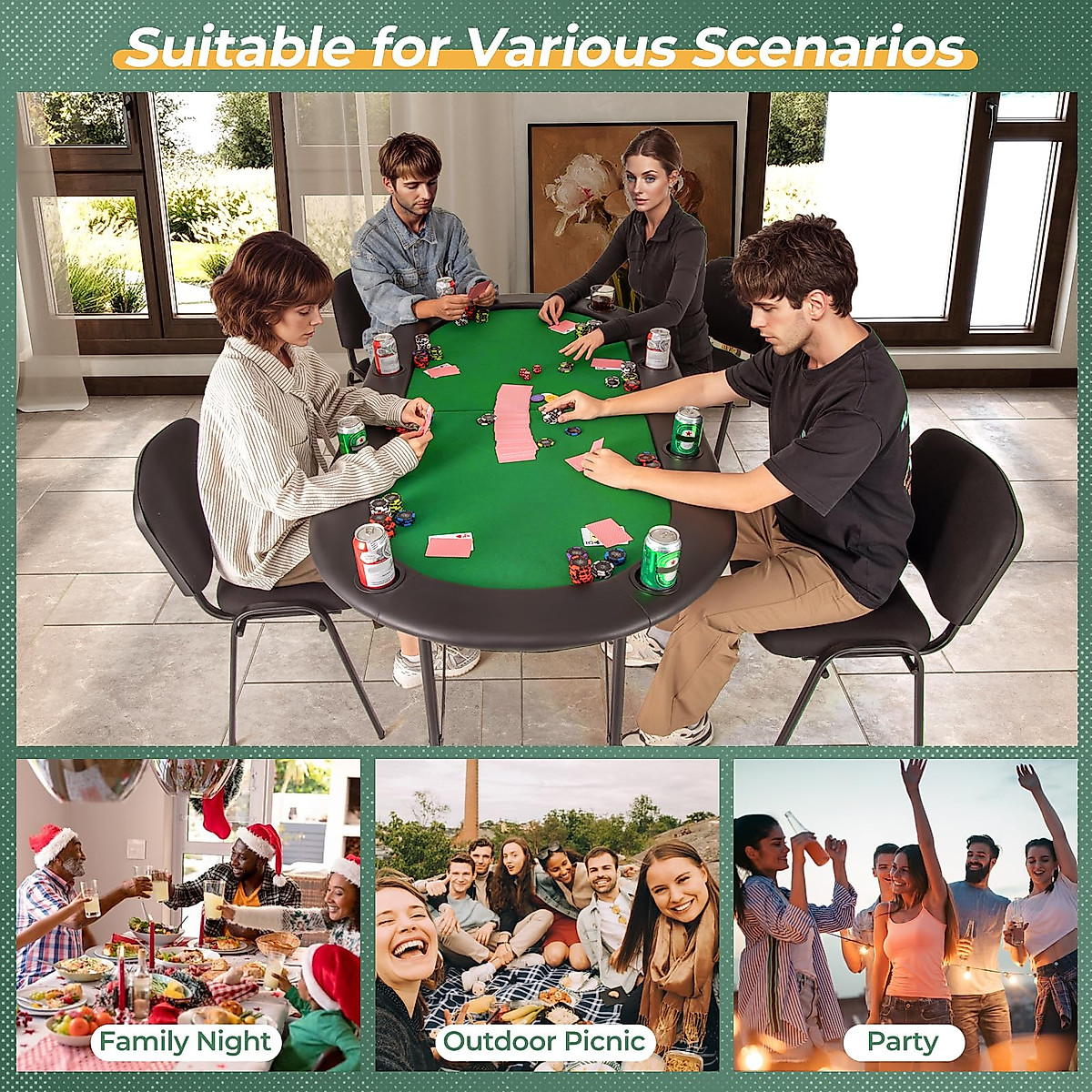 Giantex 8 Player Poker Table Foldable, Folding Card Board Game Table w/8 Cup Holders & Comfy Armrests, Casino Grade Felt, Portable Oval Texas Holdem Blackjack Poker Tables, No Assemble Required