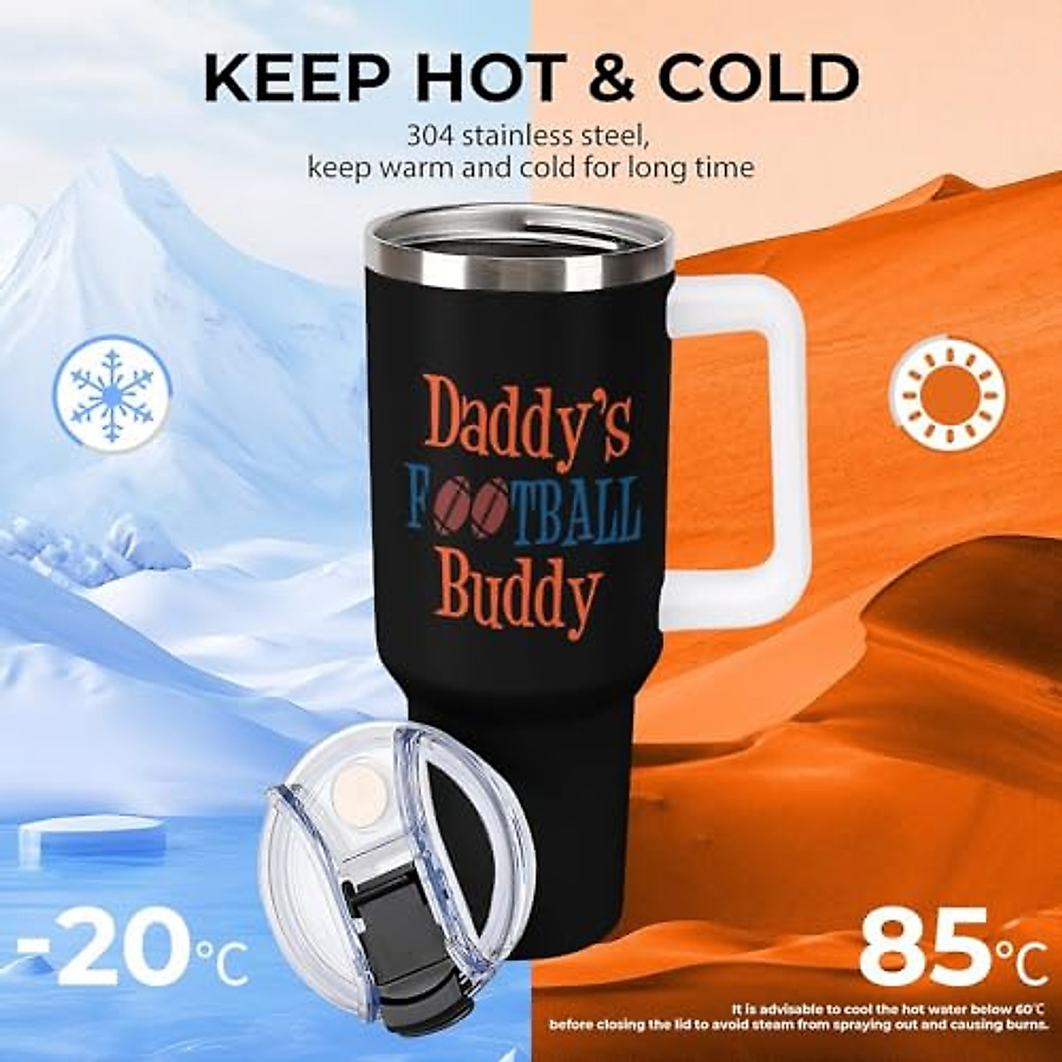 Daddy's Football Buddy 40oz Water Bottle Double Wall Insulated Tumbler with Handle Leakproof Travel Mug White-style