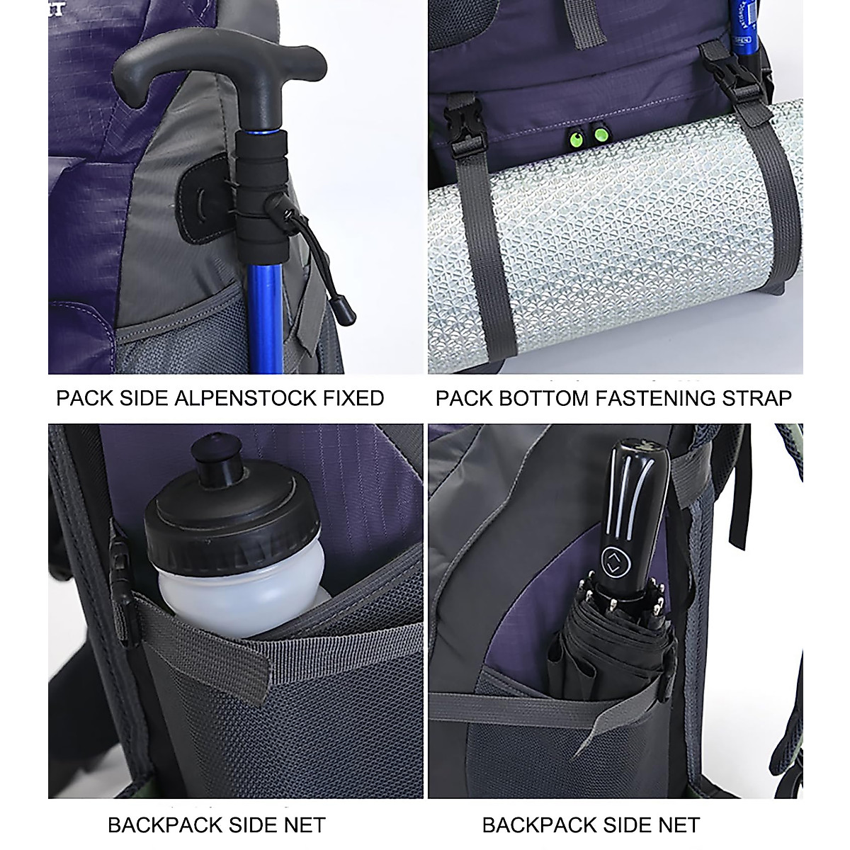 Bseash 50L Hiking Backpack, Water Resistant Lightweight Outdoor Sport Daypack Travel Bag for Camping Climbing Skiing Cycling (Dark Purple - With Shoe Compartment)