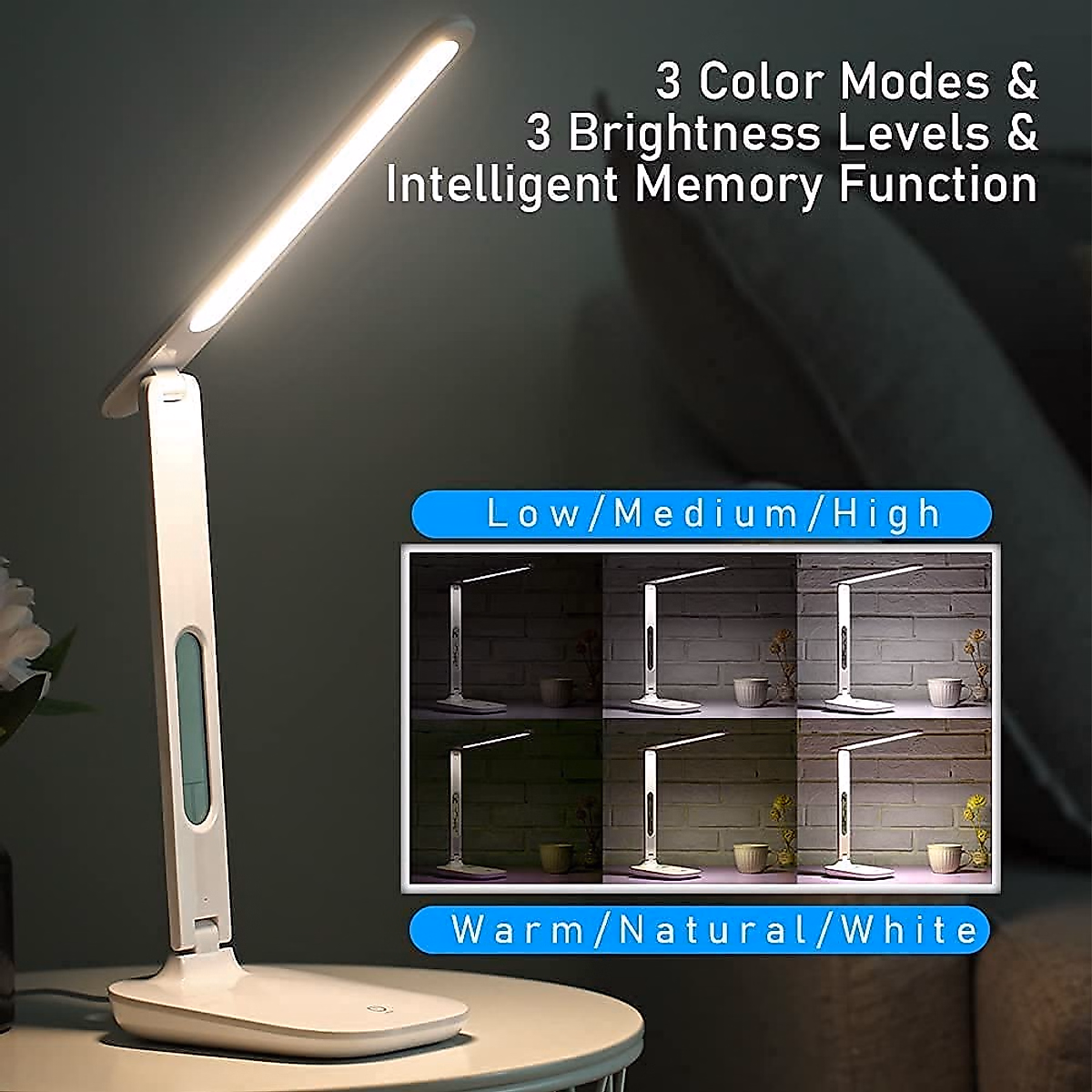 LED Desk Lamp with Time, Date, Temperature Display, 3 Modes Lighting/Brightness Adjustable Bedside Table Lamp, Touch Control Eye-Caring Night Light for Home Office (White)