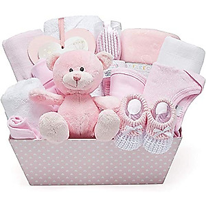Baby Girl Pink Gift Hamper - with Fleece Wrap, Hooded Towel, Baby Clothes, 2 Muslin Cloths and Cute Teddy Bear