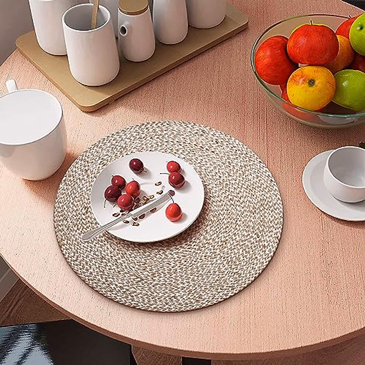 Hausattire Jute Braided Placemats 14 Inches Round - Off White, Farmhouse Reversible Woven Mats for Kitchen & Dining Table, Perfect for Indoor & Outdoor Use - (Set of 4)