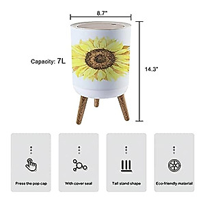 Watercolor Sunflower Inspirational Art Trash Can White Yellow Garden Round Farmhouse Garbage Bin with Lid Press Cover Wastebasket for Bedroom Kitchen Living Room Dorm 7L/1.8 Gallon