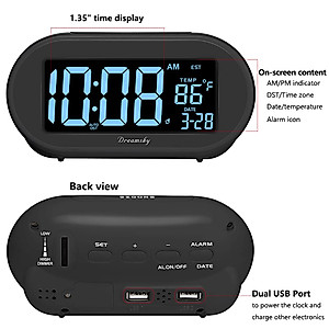 DreamSky Alarm Clocks for Bedrooms, Auto Set Digital Desk Clock for Bedside Nightstand, Electric Clock with Dimmable Brightness Dimmer, Auto DST, USB Port, Date, Temperature, Snooze
