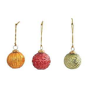 Creative Co-Op Embossed Glass Ornaments in Kraft Box, Orange, Pink, and Green, Set of 3