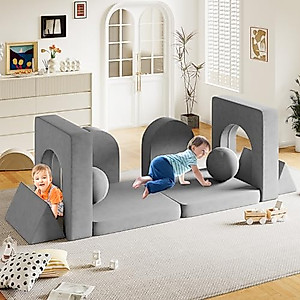 linor Kids Couch Toddler Couch 9pcs Kids Sofa Couch with Spherical Module and Tunnel Elements, Toddler Sofa Kids Fold Out Couch for Playroom Bedroom, Creative Baby Couch Kids Foam Couch (Grey)