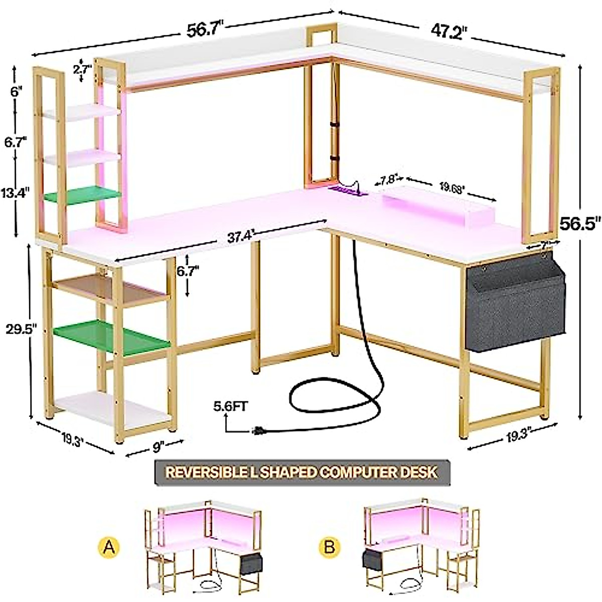 Aheaplus L Shaped Desk with Power Outlet, L Shaped Gaming Desk with Led Light & Hutch, Reversible Home Office Desk, Corner Computer Desk Writing Desk with Monitor Stand & Storage Shelf, White+Gold