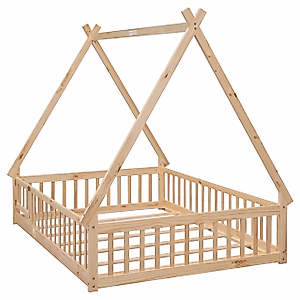 Mirightone Tent Floor Bed for Kids Full Size Montessori Floor Bed with Slats and Guardrails Wood Teepee Bed Frame with Fence and Door for Boys Girls, Natural