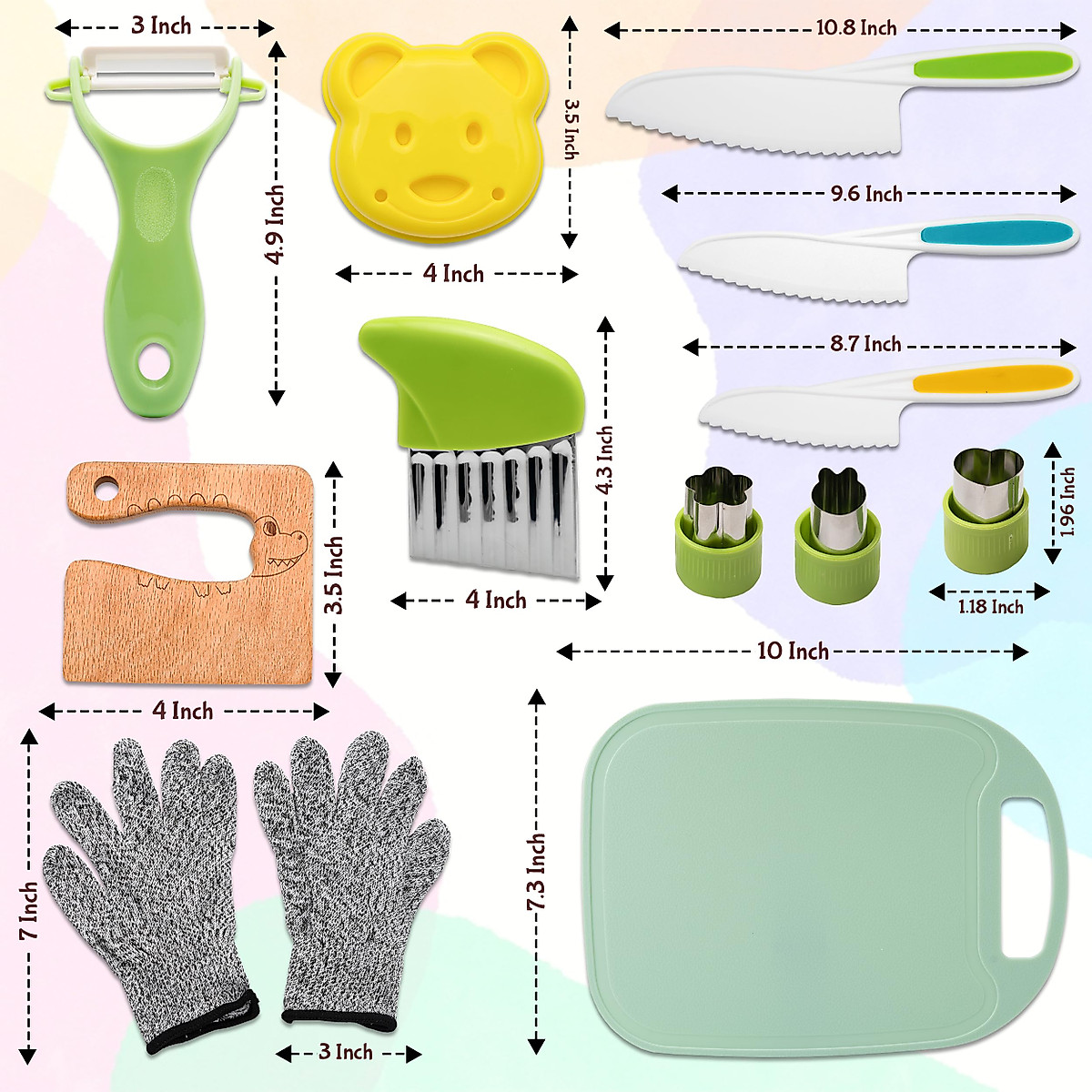 14-Piece Montessori Kitchen Tools Kids Knife Set with Gloves, Cutting Board, Fruit & Vegetable Crinkle Cutters, Safe Serrated Edges, and Plastic Toddler Knives for Real Cooking Experience - Monkey