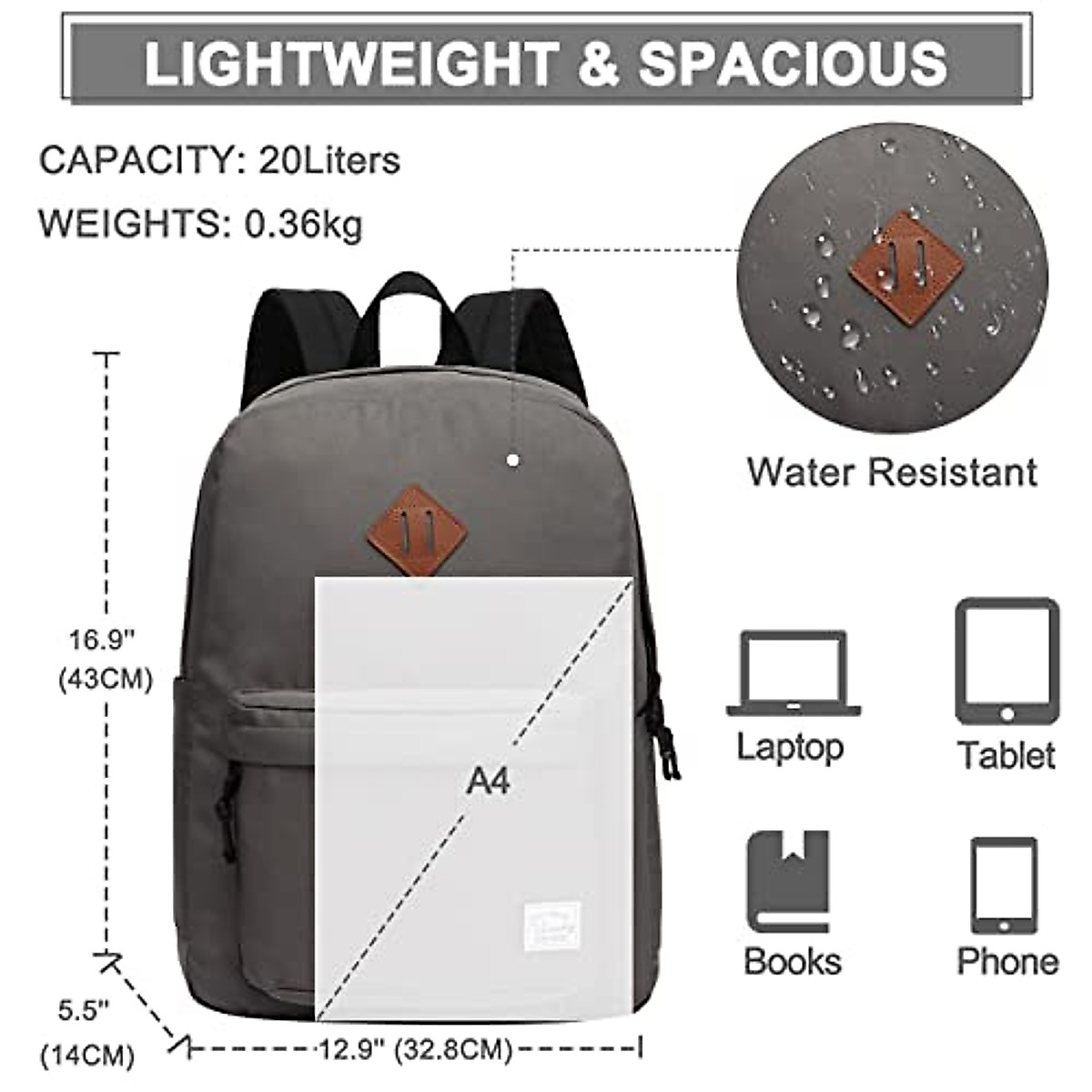 VASCHY Lightweight Backpack for School, Classic Basic Water Resistant Casual Daypack for Travel with Bottle Side Pockets (Gray)