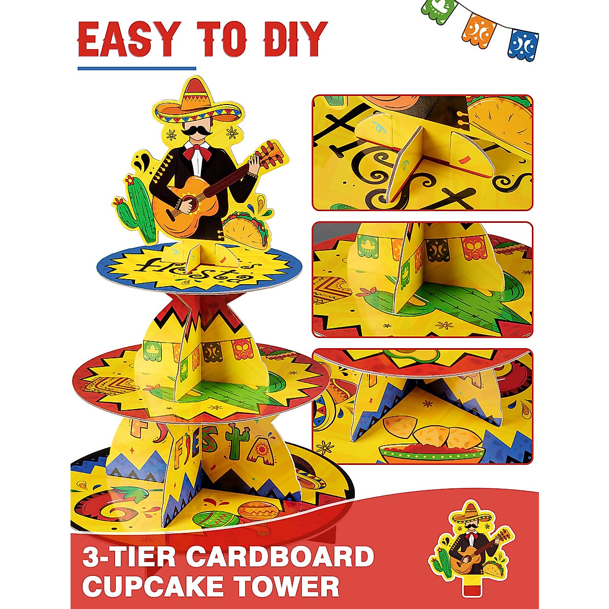 WERNNSAI Mexican Fiesta 3-Tier Cupcake Stand, Yellow, Paper