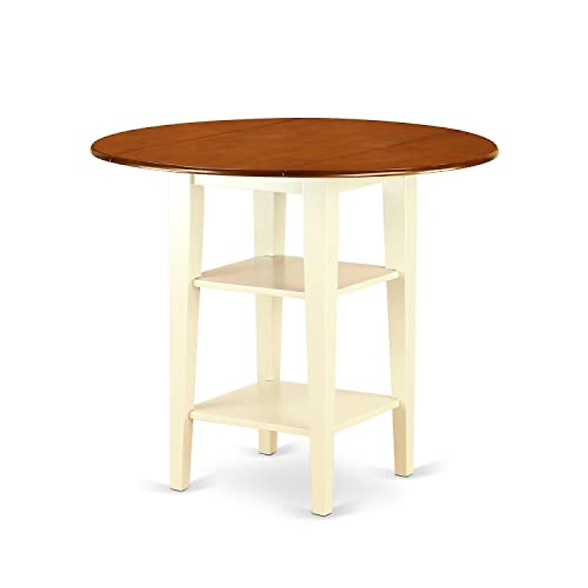 East West Furniture SUVN5H-BMK-C 5 Piece Counter Height Pub Set Includes a Round Dining Table with Dropleaf & Shelves and 4 Linen Fabric Upholstered Chairs, 42x42 Inch, Buttermilk & Cherry