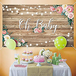 Rustic Wood Baby Shower Backdrop Banner Oh Baby Floral Baby Shower Decorations for Girls and Boys Wood Floor Flower Wall Newborn Birthday Party Photo Shoot Booth