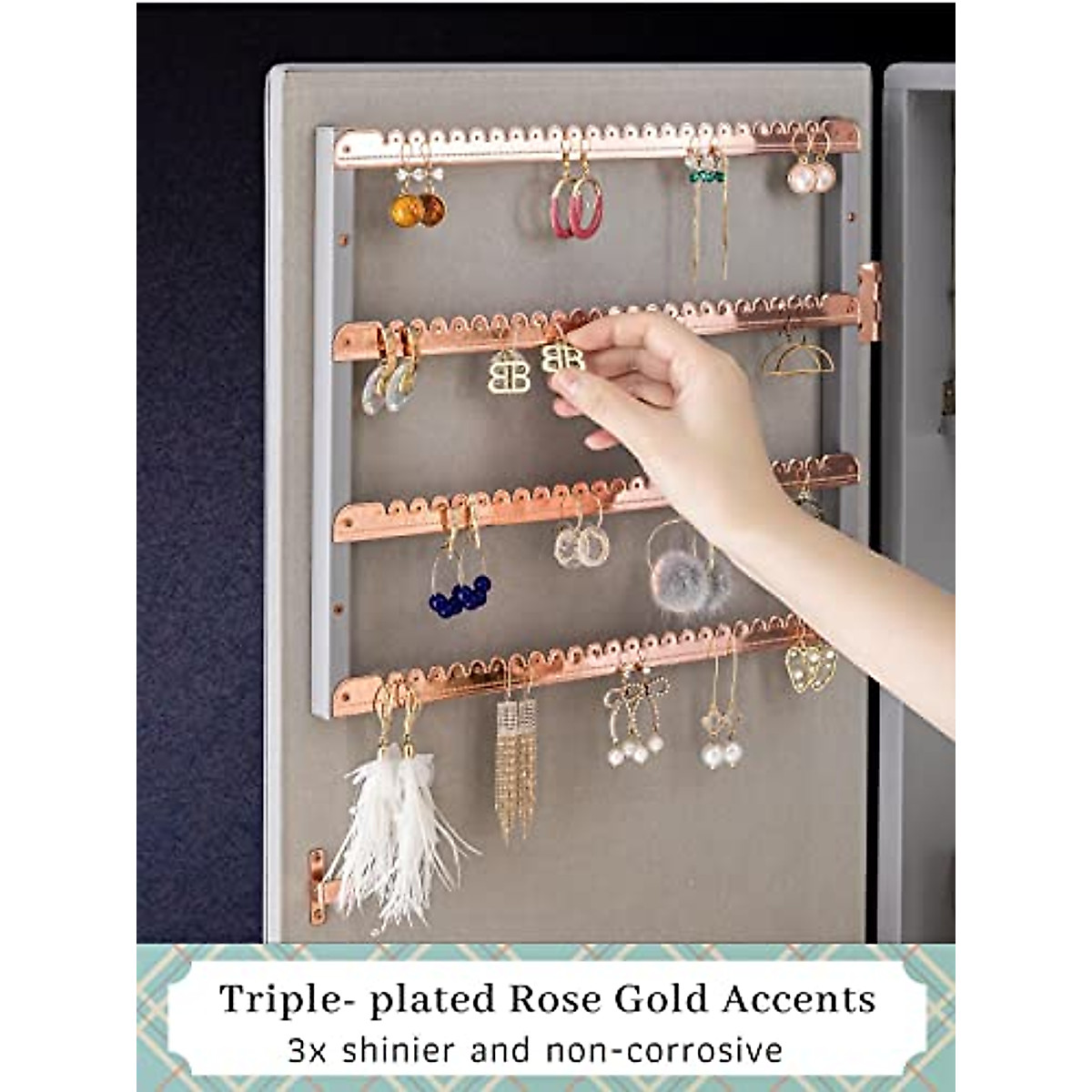 LUXFURNI Jewelry Armoire Organizer, Wall/Door Mounted Cabinet with Full Length Mirror (Grey)