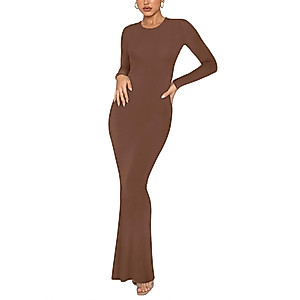 REORIA Women's Sexy Casual Crew Neck Lounge Slimming Long Dress Elegant Wedding Guest Long Sleeve Ribbed Bodycon Maxi Dresses Coffee Small