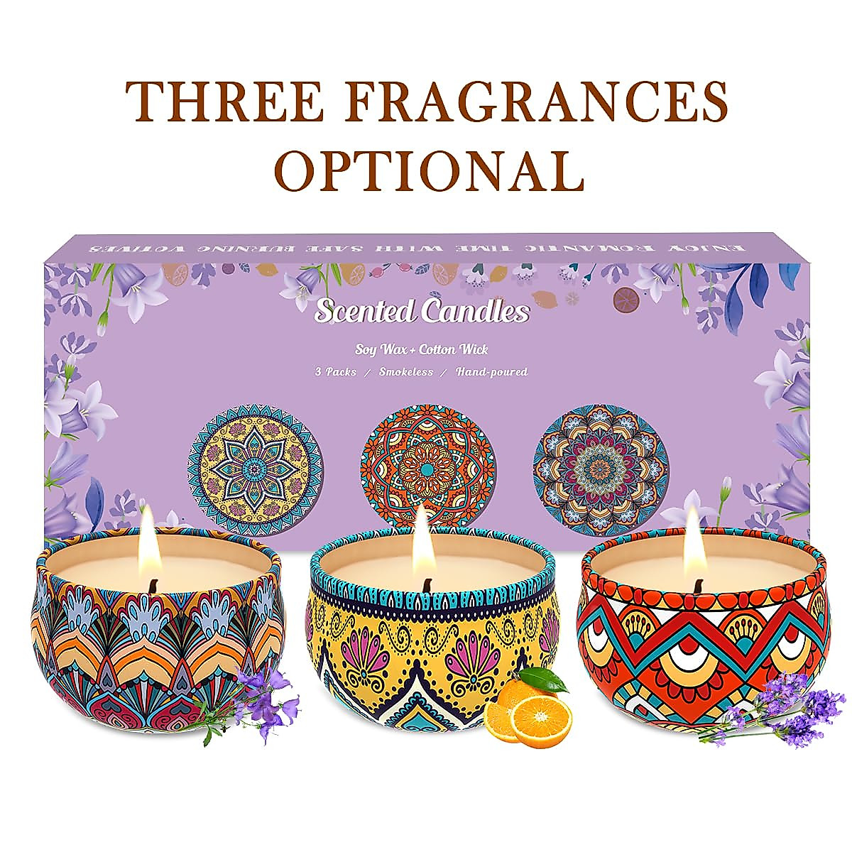 3 Pack Home Scented Candles - Strong Lavender, Bluebell & Mandarin Candle, 2.5 Oz, 100% Soy, Non-Toxic, Small Candle Set for Aromatherapy & Gifts, Prizes for Adults, Baby Shower Prizes