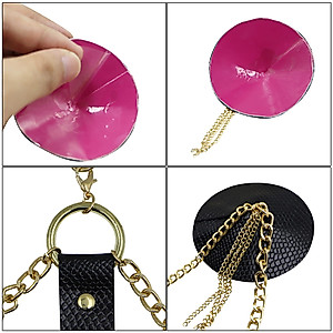 Caviotess PU Leather Metal Chain Tassel Nipple Cover with Choker, Sexy Reusable Round Pasties Bondage Body Chain Harness Black