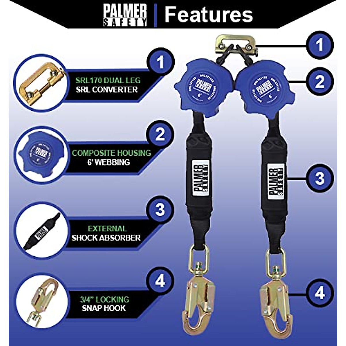 Palmer Safety Fall Protection SRL121132T Twin SRL 6' Lightweight Web with Snap Hooks