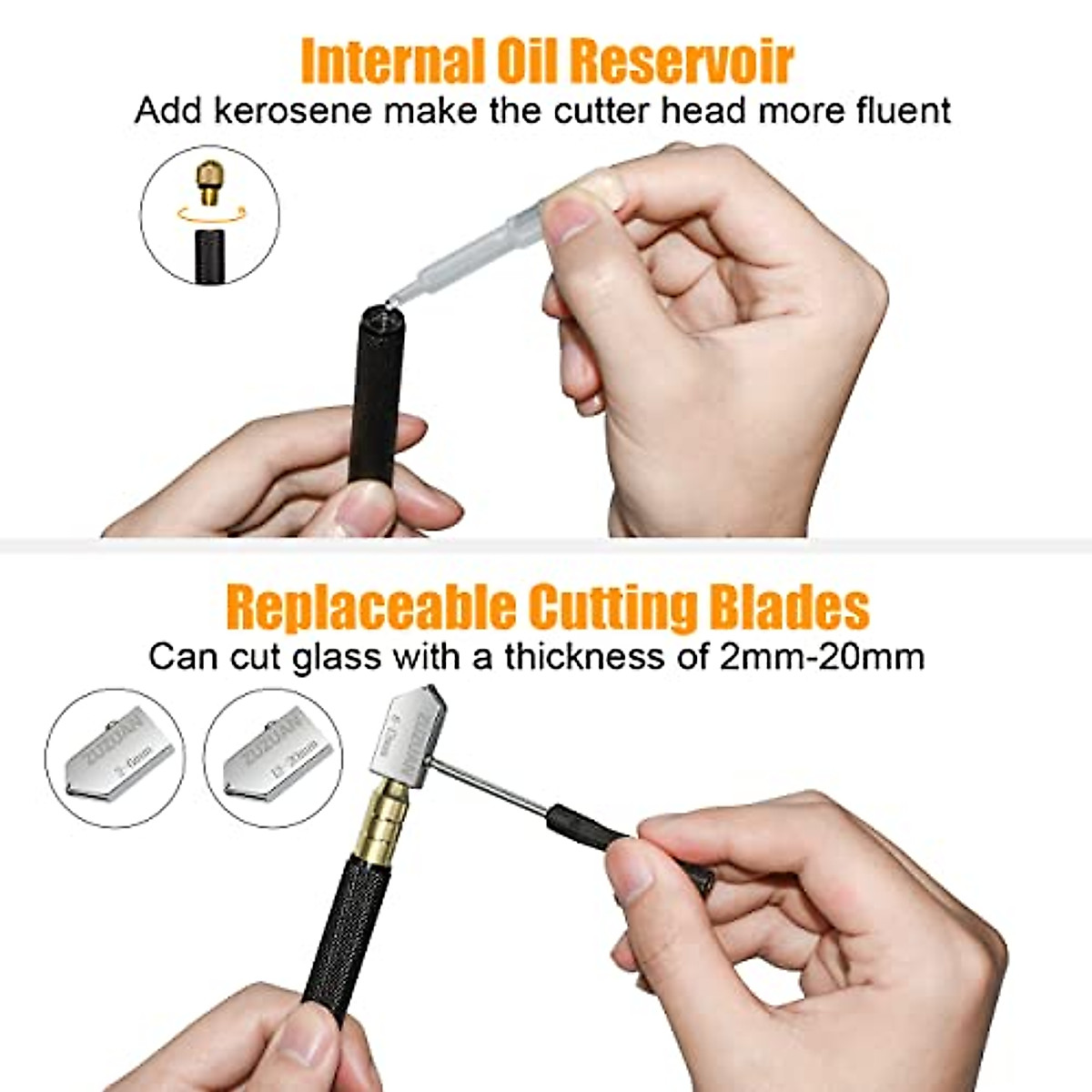 ZUZUAN Glass Cutter 2mm-20mm, Upgrade Glass Cutter Tool, Pencil Style Oil Feed Carbide Tip for Glass Cutting/Tiles/Mirror/Mosaic