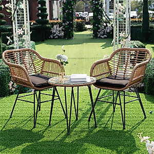 HOMEZILLIONS 3 Piece Outdoor Wicker Furniture Bistro Set, Rattan Chairs Conversation Sets Porch Furniture, Wicker Patio Furniture for Balcony Poolside Backyard