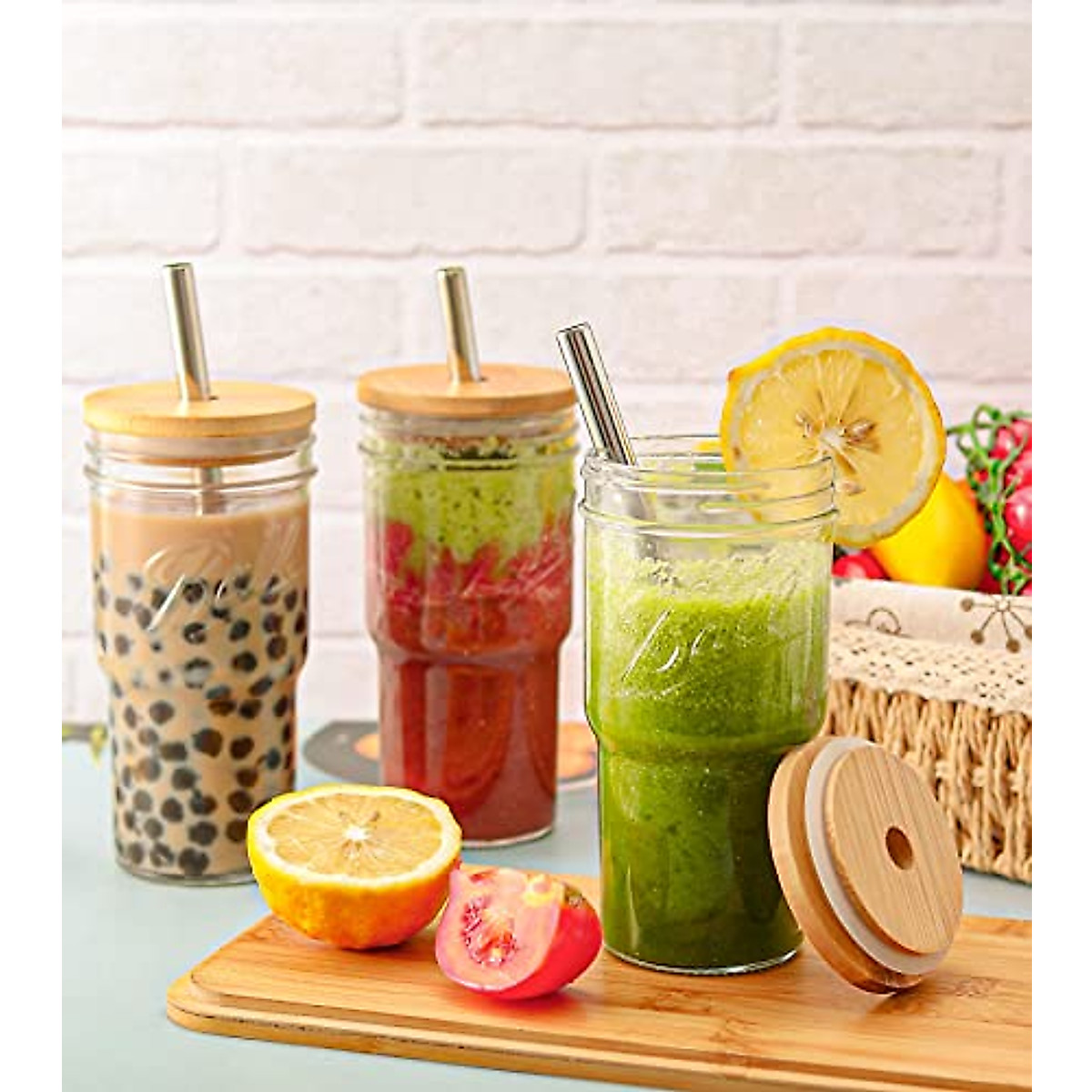 4Pack Glass Tumbler Cups with Bamboo Lids and Straws, 22oz Iced Coffee Cups-Reusable Mason Jar Drinking Glasses for Bubble Tea, Beer, Smoothie