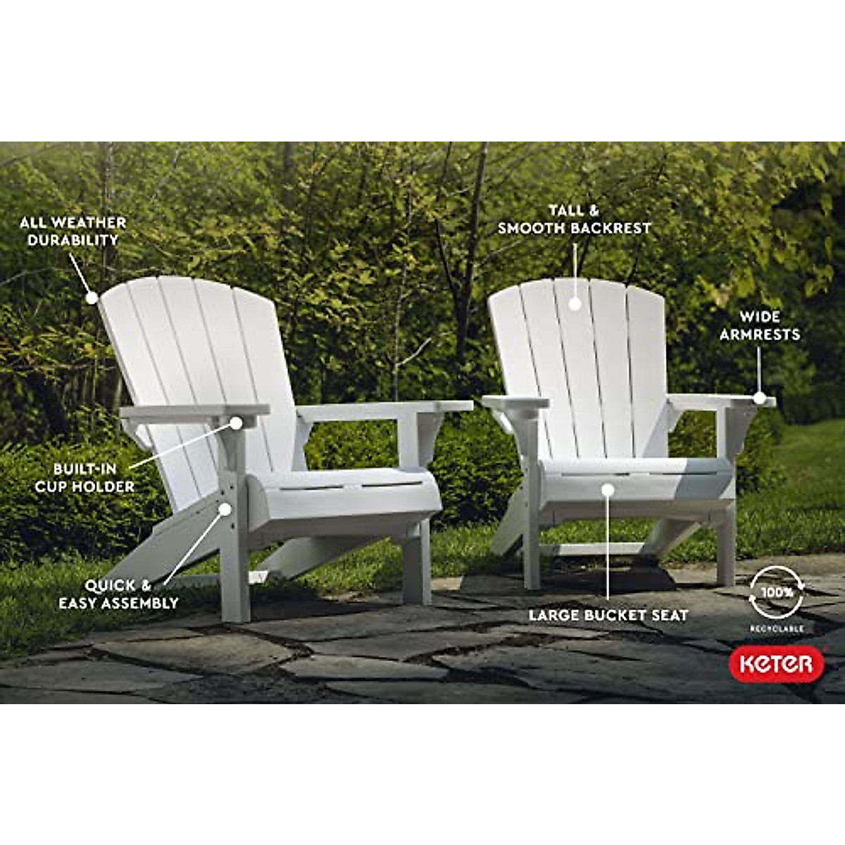 Keter 2 Pack Alpine Adirondack Resin Outdoor Furniture Patio Chairs with Cup Holder-Perfect for Beach, Pool, and Fire Pit Seating, White