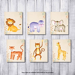 Safari Nursery Decor Jungle Baby Animals Prints for Nursery Decor Art - Large Giant Collection - 6 UN-Framed Neutral Kids Stuff Animal Theme Wall Prints. Elephant Giraffes boy Lion Buddies (5x7)