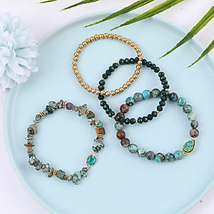 Bohemian African Turquoise Beaded Bracelets for Women, 4Pcs Stackable Natural Stones Stretch Bracelet Set with Charm, Multilayered Matte Turquoise Chips Beads Bracelets Handmade Boho Jewelry Gift