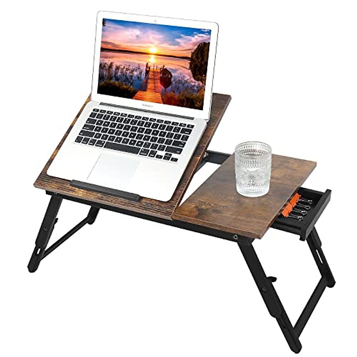 JMLHMXC Bamboo Laptop Desk Bed Tray Table Adjustable Table for Computer Tilting Top Foldable Leg with Drawer