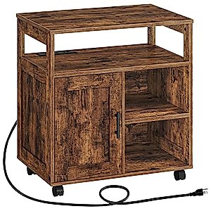 HOOBRO Printer Stand with Charging Station, Rolling Wood Storage Cabinet on Wheels, Printer Cart Table on Wheels for Home Office Rustic Brown FG60UPS01