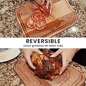 Large Acacia Wood Cutting Board for Kitchen, carved design Board - Juice Groove, Reversible Butcher Block - Meat and Veggies, decorative serving tray (Carving Cutting Board)