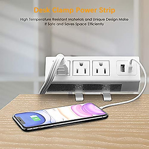 Desk Clamp Power Strip, Desktop Power Outlet Clamp Mount with 2 USB Ports, 3 AC Outlets, Mountable Desk Outlet Removable Power Plugs with 6.56ft Power Cord (3AC2USB-White)