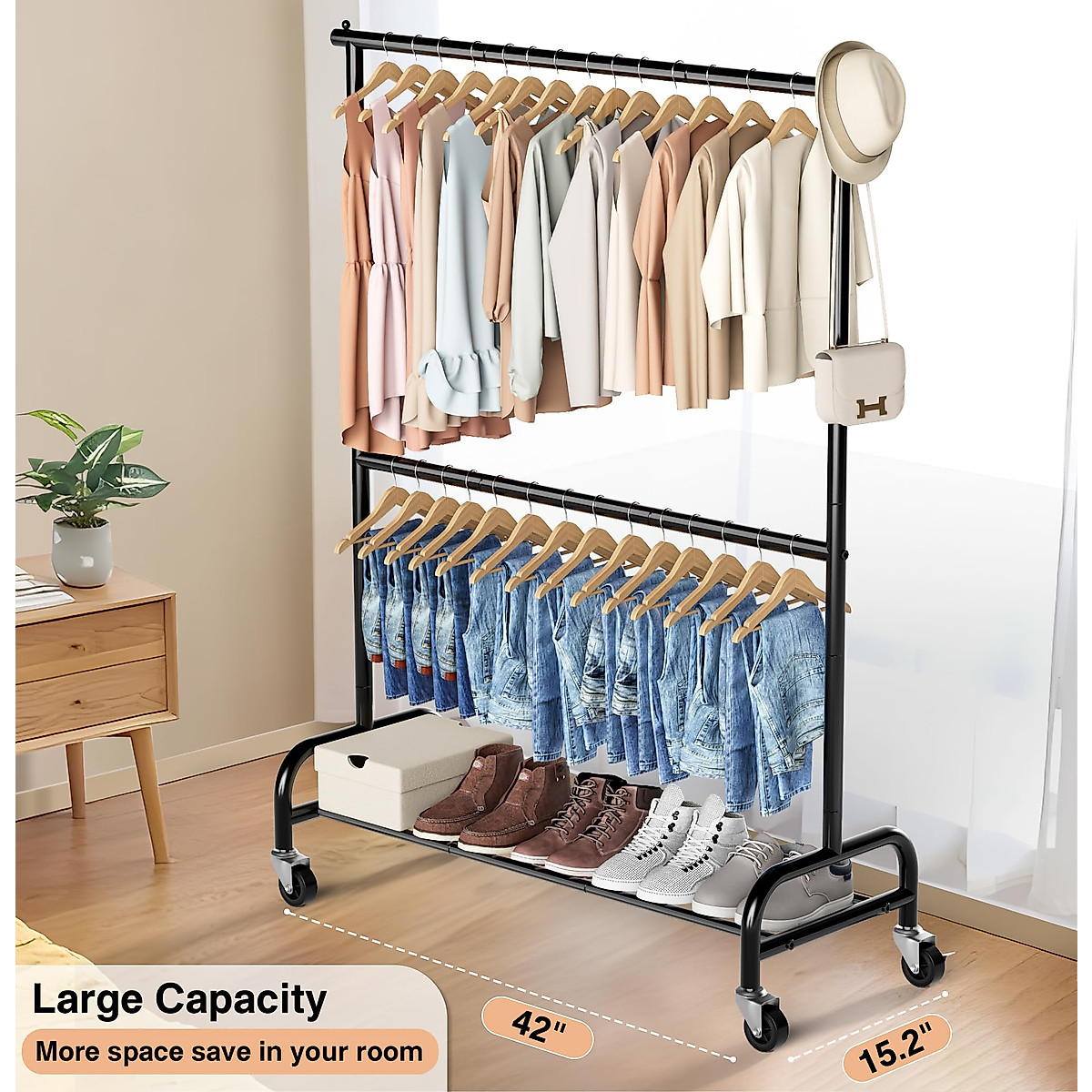 MISSLO Heavy Duty Clothing Racks for Hanging Clothes Rack Double Rod Garment Rack Rolling Closet Wardrobe Rack on Wheels, Metal, Adjustable, Black