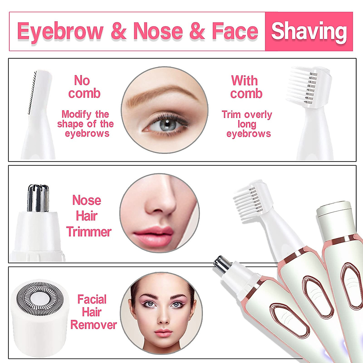 Electric Lady Shaver, Women Razors for Shaving Cordless 4-in-1 Painless Shaver for Women Face, Legs and Underarm, Portable Bikini Trimmer Wet & Dry Hair Removal, Cordless - Micro USB Rechargeable