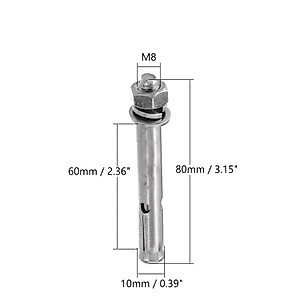 MroMax M8x80mm 304 Stainless Steel Expansion Bolts Hex Nuts Sleeve Anchor Fastener for Fence Home Installation Air Conditioning 4pcs
