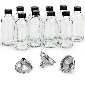 10 Pack, 4 oz Small Clear Glass Bottles with Lids & 3 Stainless Steel Funnels - 120ml Boston Round Sample Bottles for Potion, Juice, Ginger Shots, Oils, Whiskey, Liquids - NO Leakage