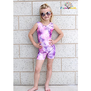 Funnycokid Gymnastics Leotards for Girls Purple Tie Dye Outfits Sparkly Biketards with Shorts Sleeveless Unitards 7-8 Years