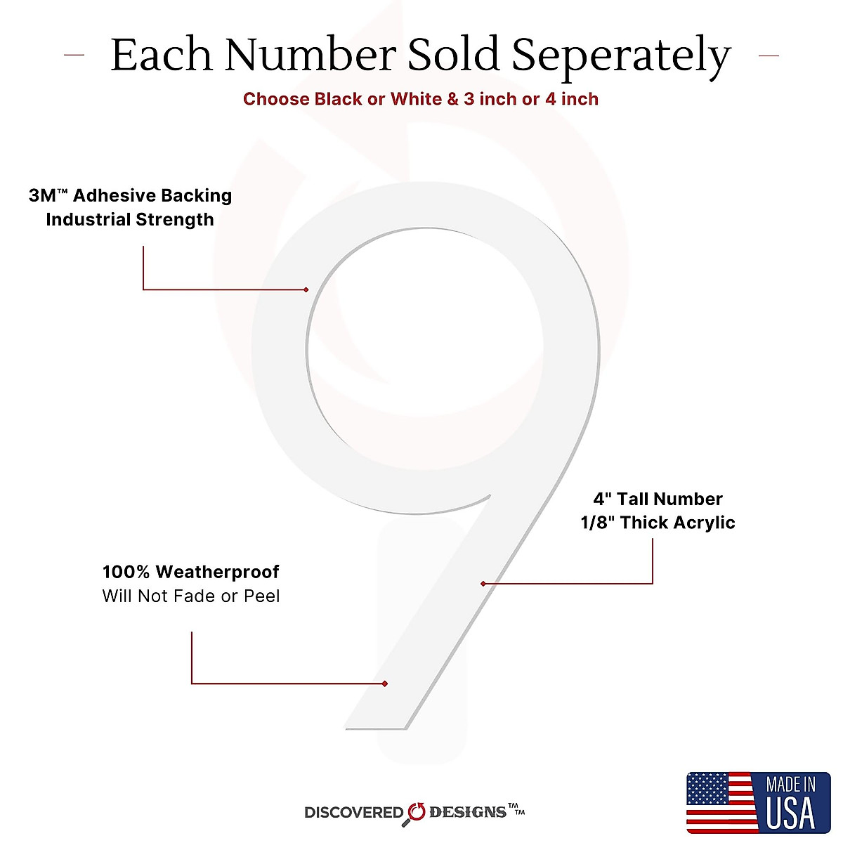 Discovered Designs - Premium Individual 3D Acrylic Mailbox Number – Self Stick – Long Lasting – Weatherproof – Made in USA (White 4 inch, Number 9)