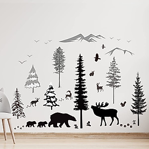 Woodland Nursery Decor Tree Wall Decals Mountain Forest Animal Bear Deer Wall Stickers Forest Wall Mural Sticker Removable Wall Decals for Kids' Room Bedroom Nursery Living Room