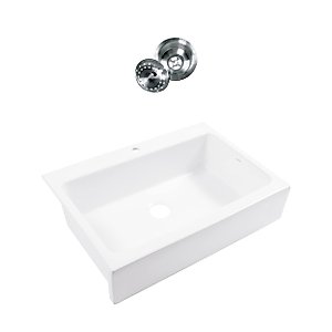 Crisp White 34" Single Bowl Quick-fit Drop-in Farmhouse Apron Kitchen Sink with 1 Hole and Drain Rectangle Glossy Scratch Resistant