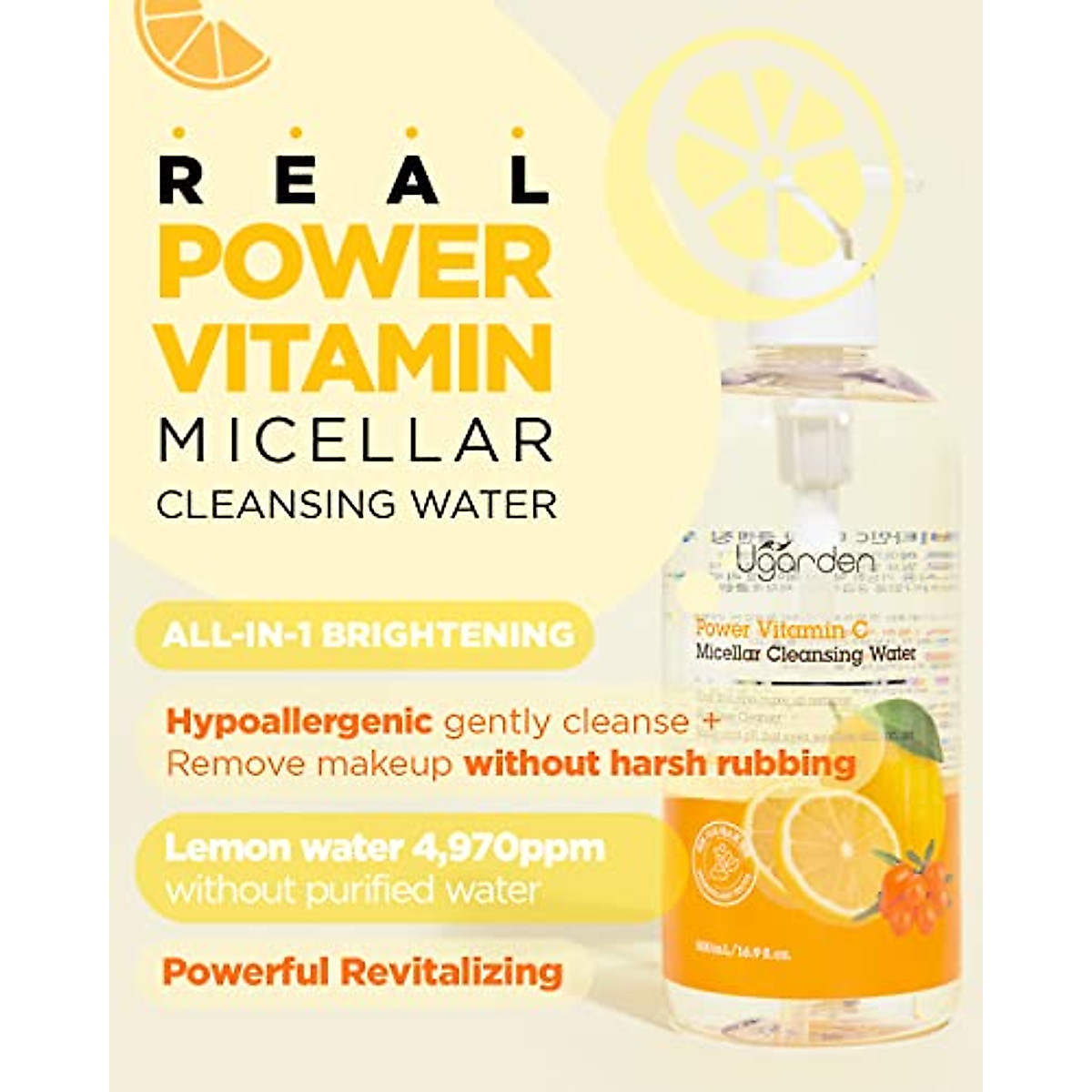 UGARDEN Power Vitamin C Micellar Cleansing Water, pH5.5 Rinse-Free Perfect Facial Makeup Remover, Hydrates & Brighten Skin, Dermatology Tested for Sensitive Skin, 16.9 fl.oz.