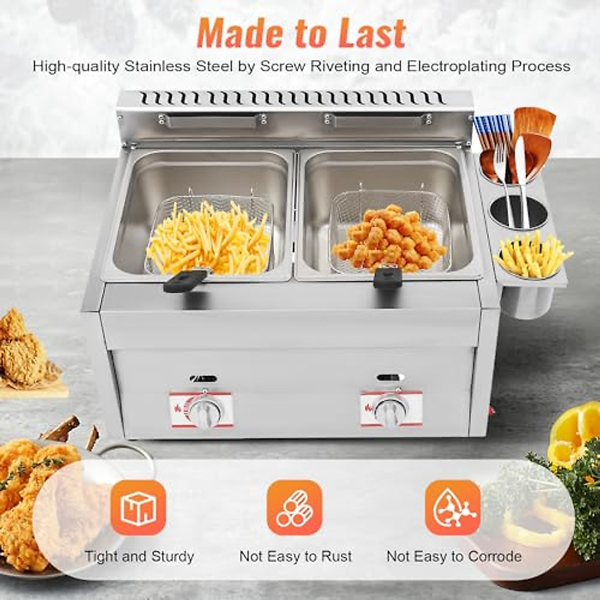 Deep Fryer Electric Deep Fat Fryers with 2 Baskets Commercial Countertop LPG Gas Fryer with Lid Stainless Steel 6L*2 Deep Fryer for French Fries Turkey Donuts Restaurant Home Kitchen