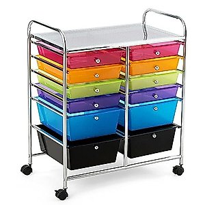 12-Drawer Rolling Storage Craft Cart and Organizer - Rolling Organizer Cart Tools and 4 Universal Casters (Transparent Multicolor)