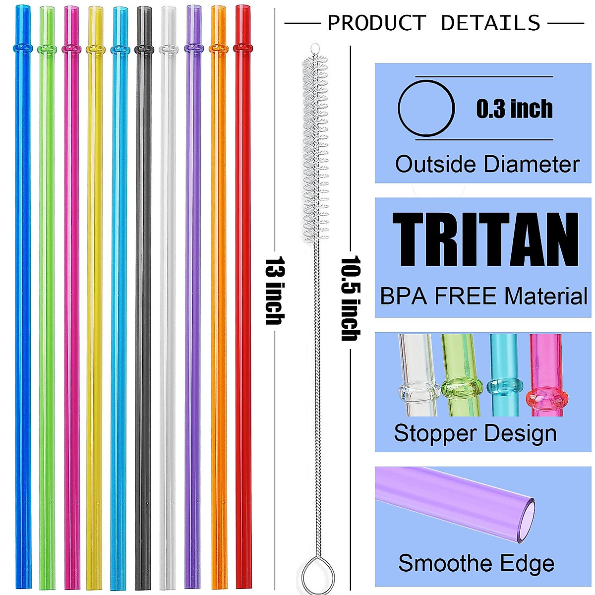 ALINK 13 inch Reusable Plastic Straws, Extra Long Colorful Tritan Tumbler Replacement Straws for Stanley Cups, 1 Gallon, 64/40/ 32 oz Water Bottles, Set of 10 with Brush