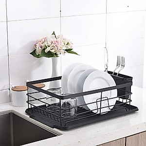 Popity home Dish Drying Rack, Large Kitchen Dish Drying Rack, Metal Dish Rack, Drying Rack with Black Drainboard, Spoons and Knives Storage Box