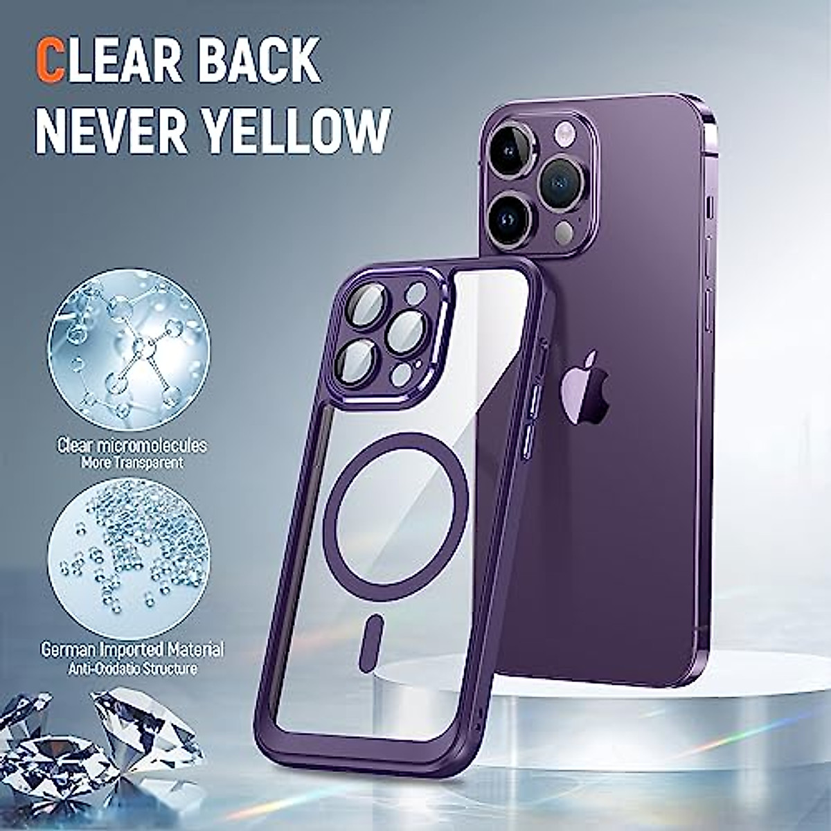Oneagle Magnetic for iPhone 14 Pro Max Case Clear, [Compatible with Magsafe][30X Anti-Yellow][Built-in Lens Protector][Metal Lens Frame],14 Pro Max Phone Case with 2 Screen Protectors(Deep Purple)