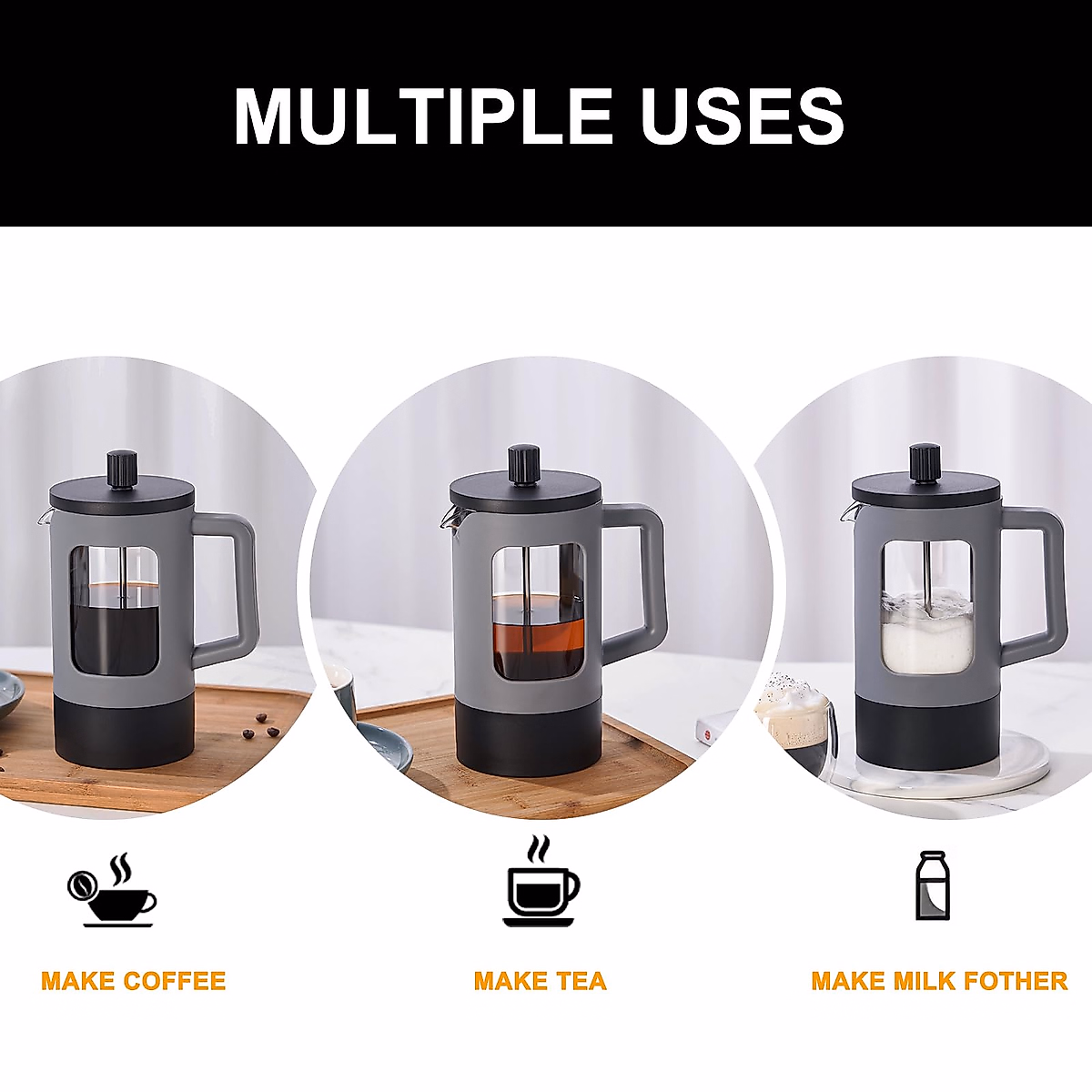 YOLIFE French Press Coffee Maker, 21 oz Small Coffee Tea Press with Heat-resistant Borosilicate Glass, 4-Level Filtration Systems, Portable Coffee Pot for Camping Travel Gifts, Grey and Black