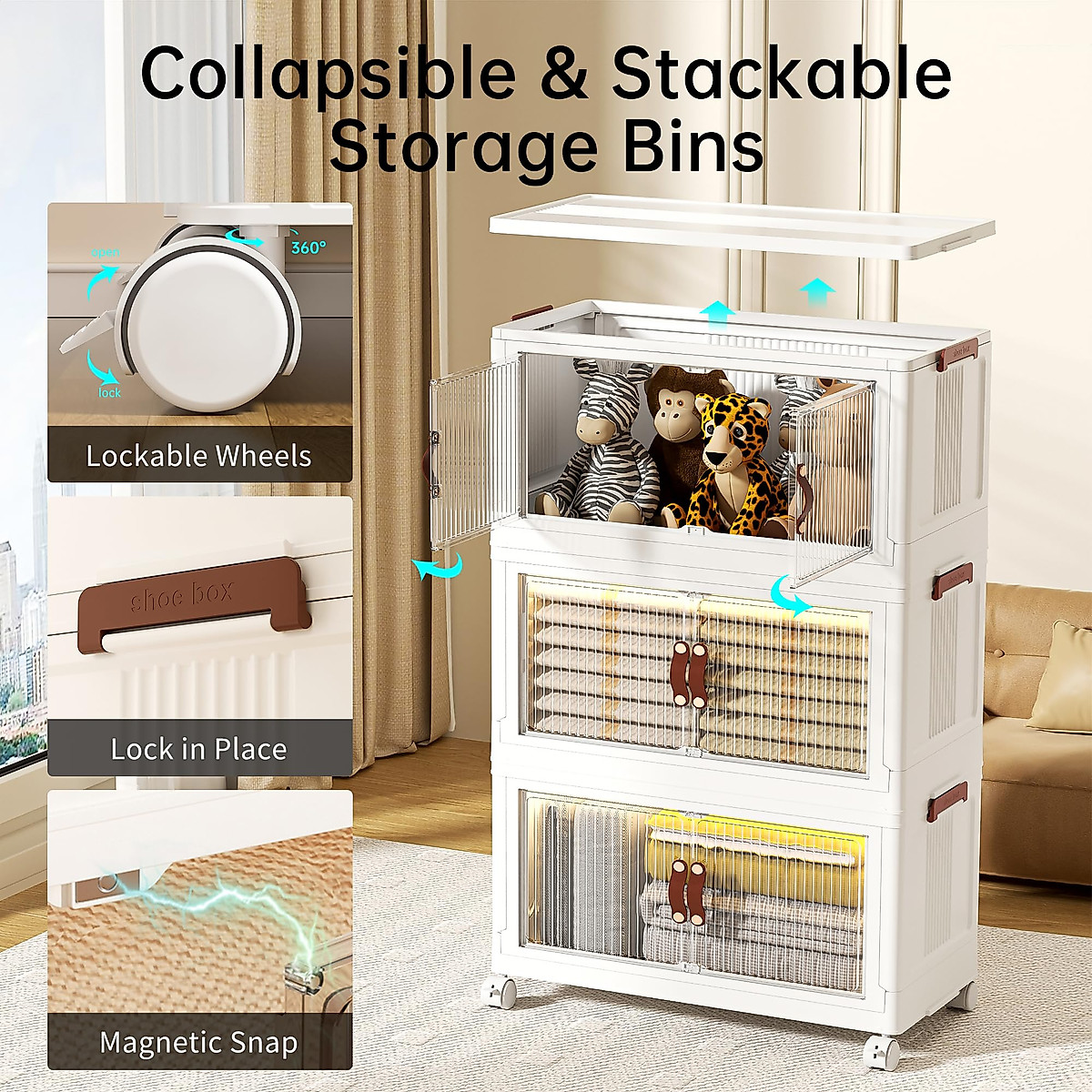 UFORU 18Gal/72QT Collapsible Storage Bins with Lid, 3 Packs 216QT Plastic Stackable Storage Bins with Open Front Door and Wheels, Storage Organizer Cabinet for Home, Office, Closets, Dorm