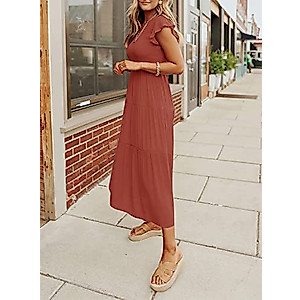 ZCSIA Women's 2023 Summer Casual Ruffle Short Sleeve Crewneck Smocked Tiered A Line Midi Dress,Rust,Small